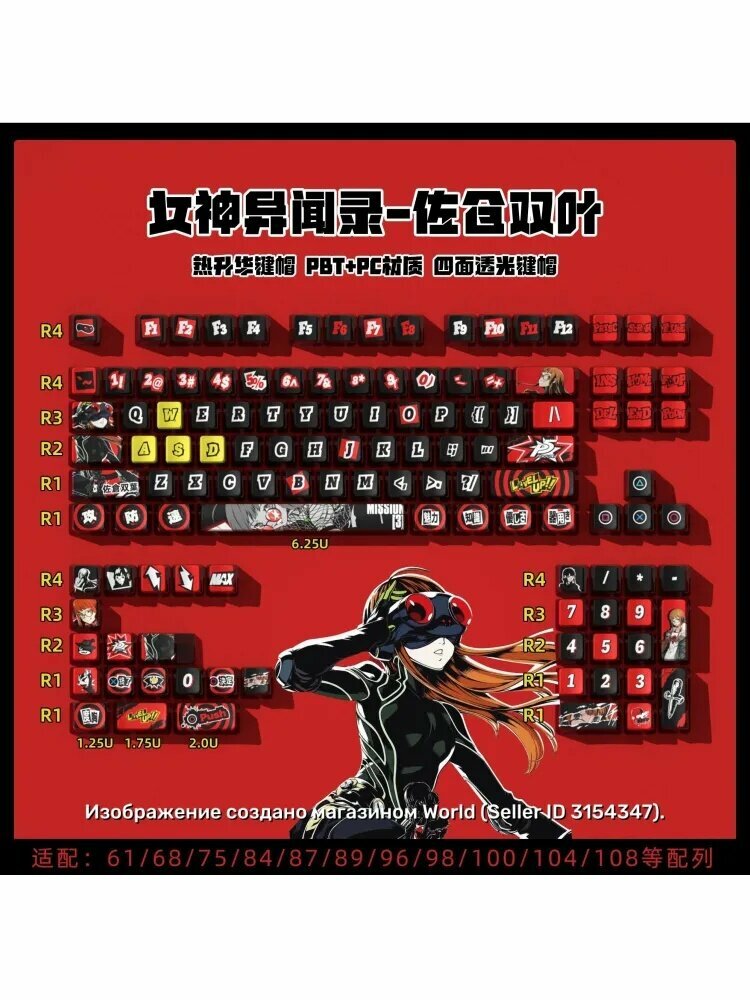 Кейкапы для механической клавиатуры, Persona / Футаба Сакура (Futaba Sakura), 122 шт, PBT+PC, сублимационная печать, профиль OEM, 4-сторонняя подсветка пудинг (в коробке)