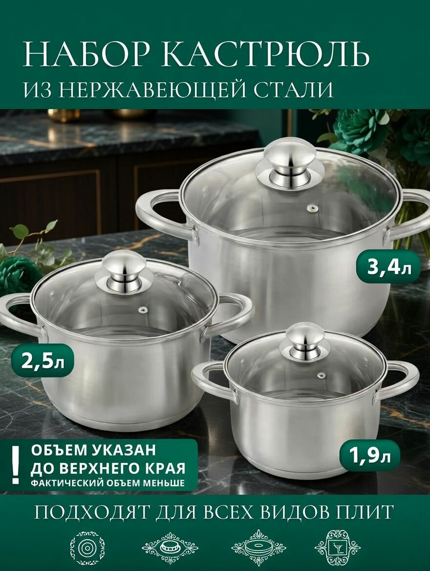 Набор Кастрюль С Крышкой И Толстым Дном Для Кухни и Готовки. Маленьких, Больших Из Нержавеющей Стали Для Газовых, Электрических, Индукционных Плит. Серебристые, 3шт