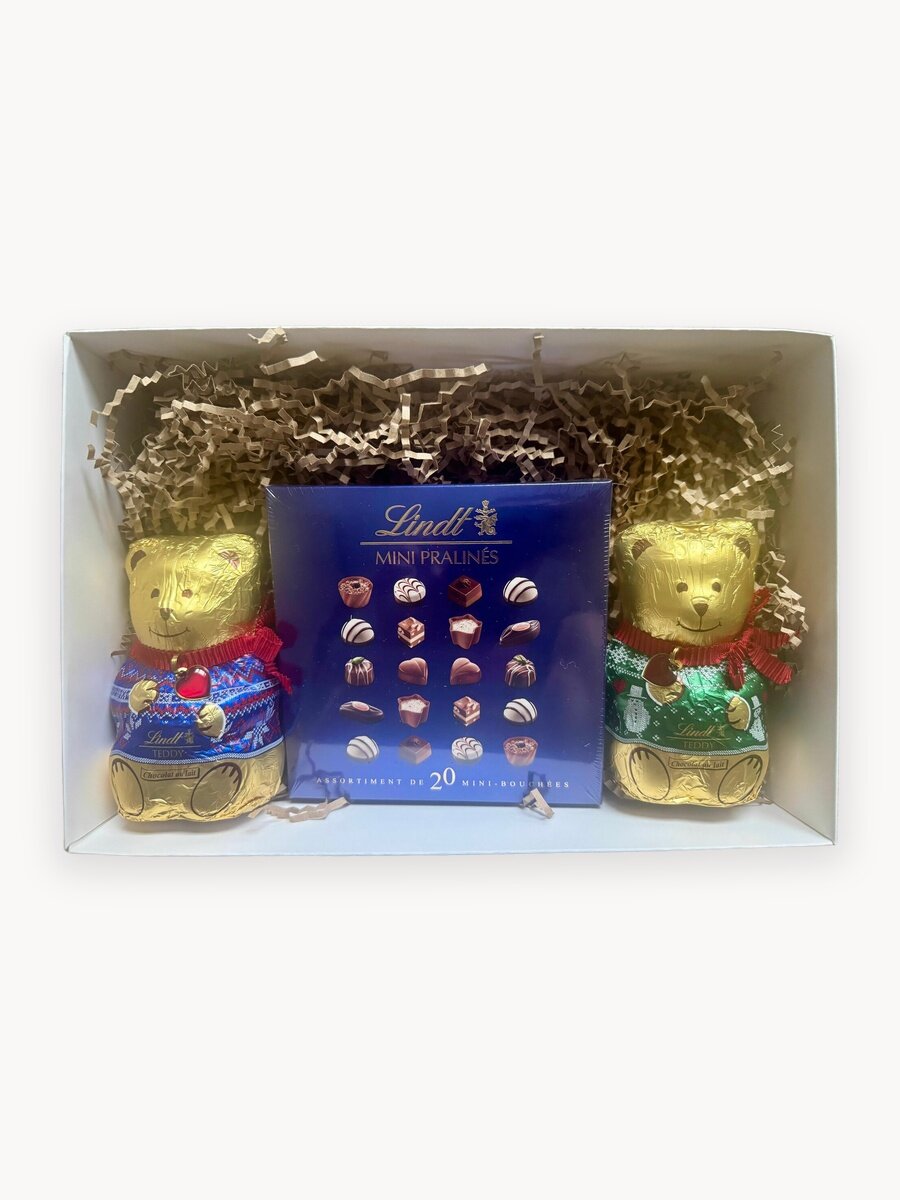 Набор миниатюрных конфет ассорти Линдт Мини-пралине 100г/ Lindt Mini Pralines ASSORTI 100g и 2 медведя из молочного шоколада Lindt Teddy синий и зеленый по 100г каждый