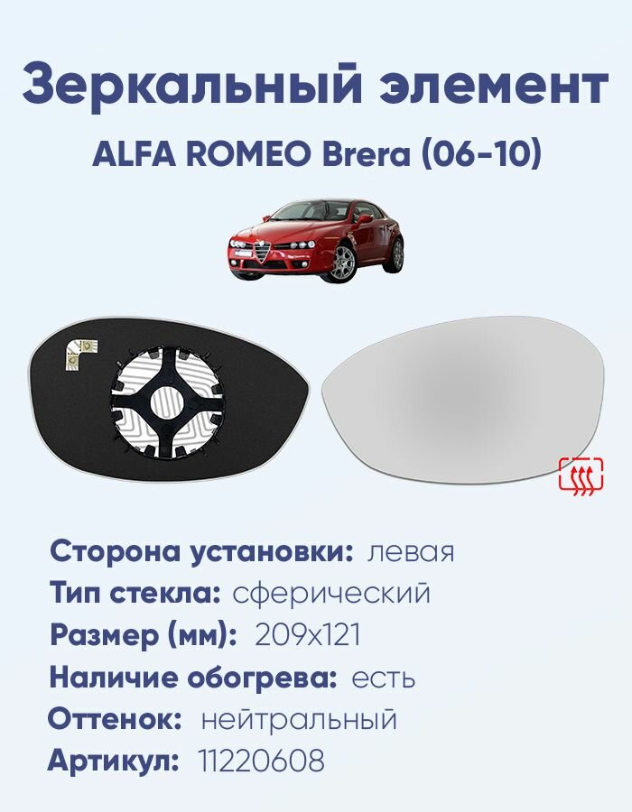 Зеркальный элемент левый ALFA ROMEO Brera (06-10) сфера нейтральный с обогревом
