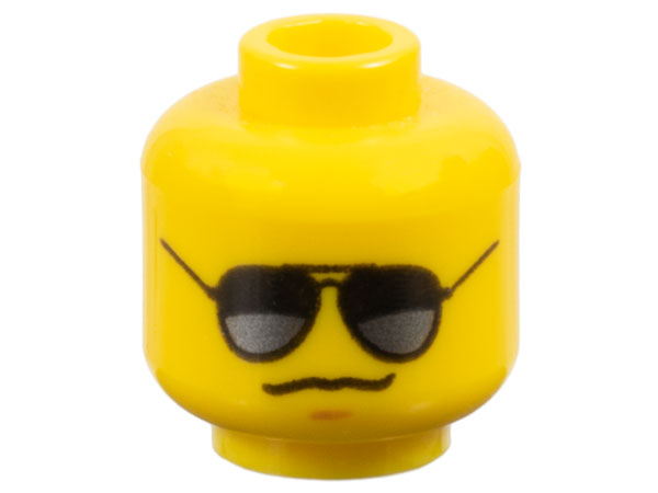 Minifigure, Head Black Sunglasses with Dark Silver Reflections, Medium Nougat Chin Dimple, Grim Smirk Pattern, 3626pb0642 Yellow U