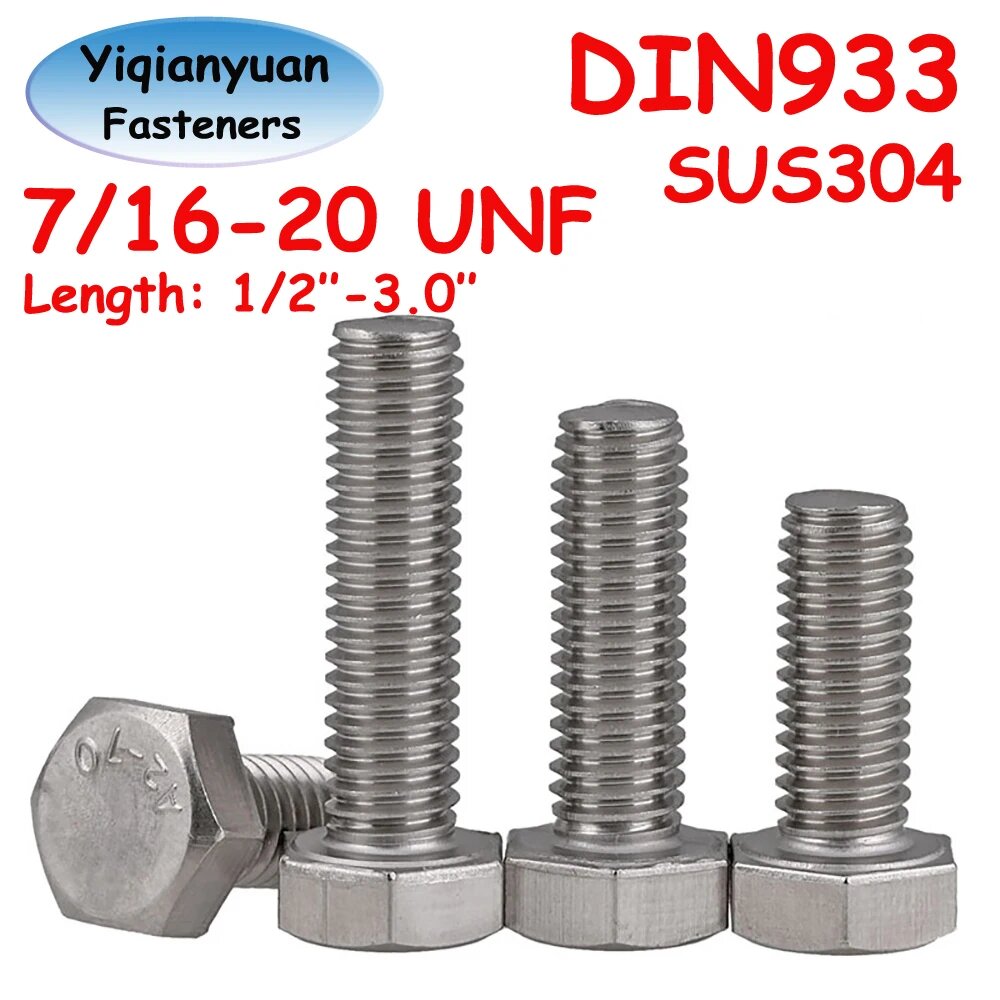Винты Yiqianyuan 7/16-20 UNF DIN933 из нержавеющей стали 2.0inch (1Piece)