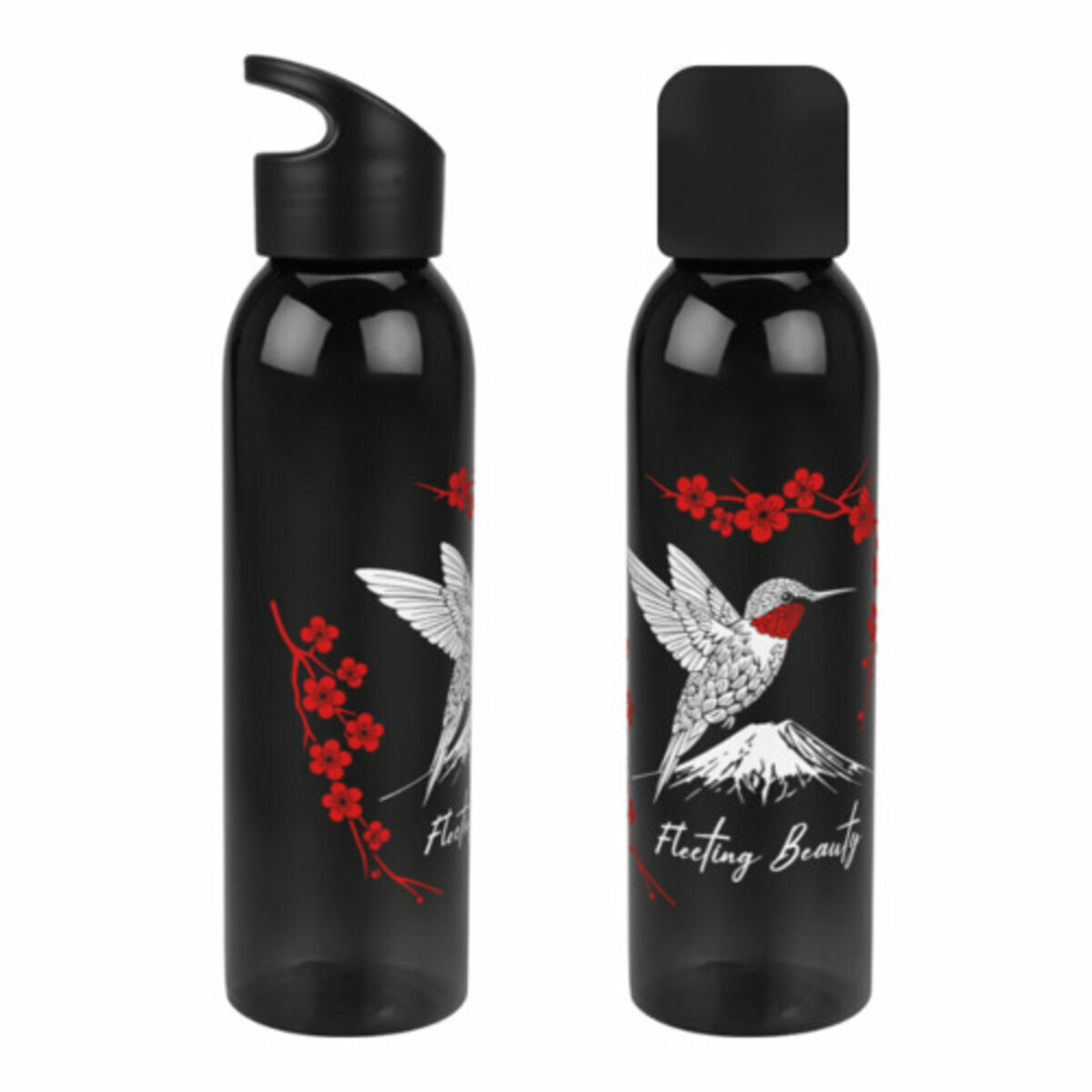 Бутылка для воды «Колибри, гора Фудзи и сакура - Мимолётная красота» (черный)