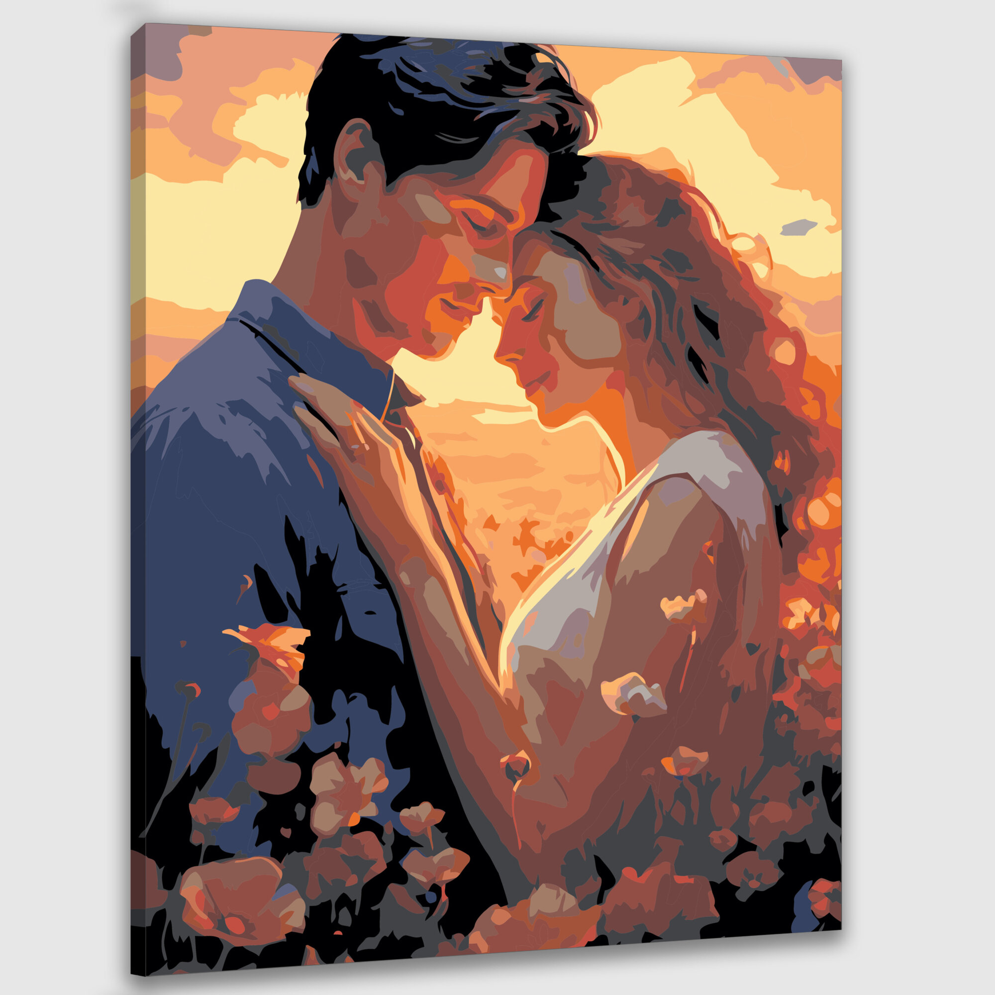 Картина по номерам 40x50 см, картина, масло, молодая пара, объятия, поле, цветы, закат, романтический, отблеск