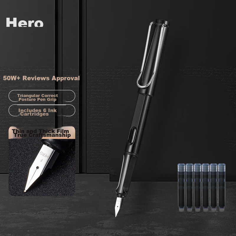 HERO Fountain Pen 359, Ergonomic Design, Black, F Nib, Thin And Thick Plate Craftsmanship, Student Calligraphy Fountain Pen (With 6 Additional Ink Cartridges, Random Colors), Iridium Gold Fountain Pen, Signature Pen