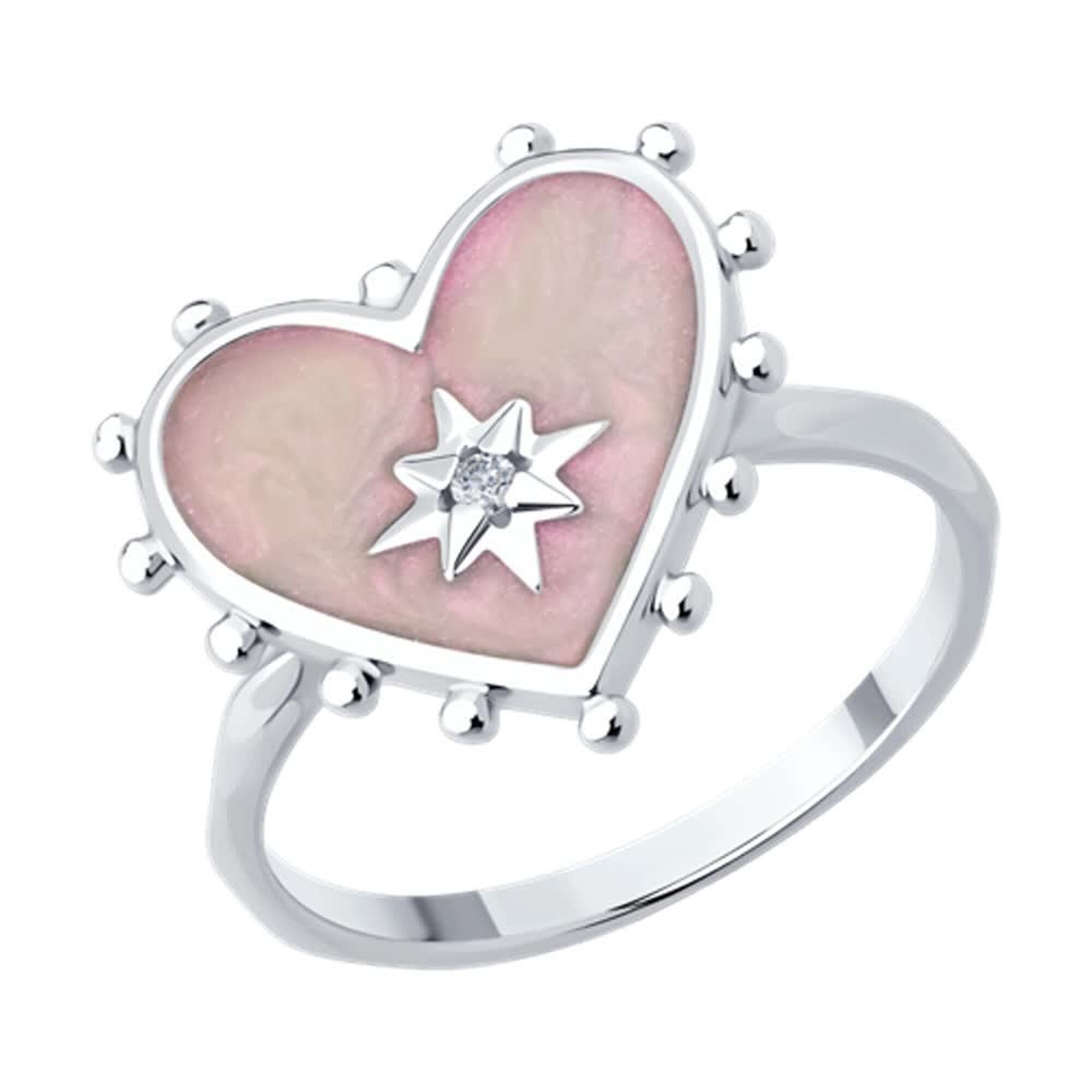 Кольцо тонкое, серебро, 925 проба, родирование, фианит, эмаль