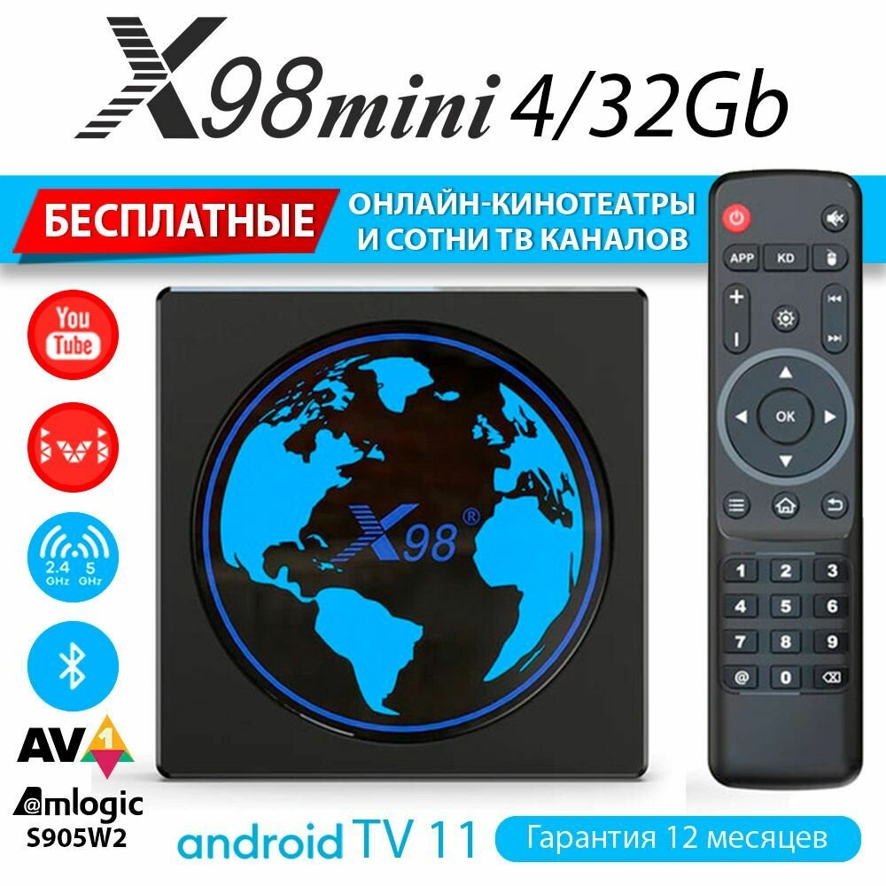 Медиаплеер X98 mini 4GB/32GB (Amlogic S905W2) ТВ приставка Android 11 (с настройкой)