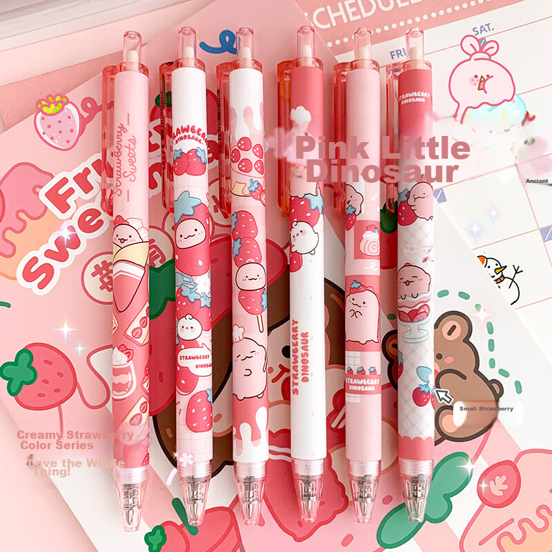 Touch Fish Retractable Gel Pen, Stylish And Cute Creative Quick-Drying Exam Pen with Bullet Tip 0.5mm Gel Pen for Students' Exams And Signatures, Pink Little Dinosaur Design, 6-Pack