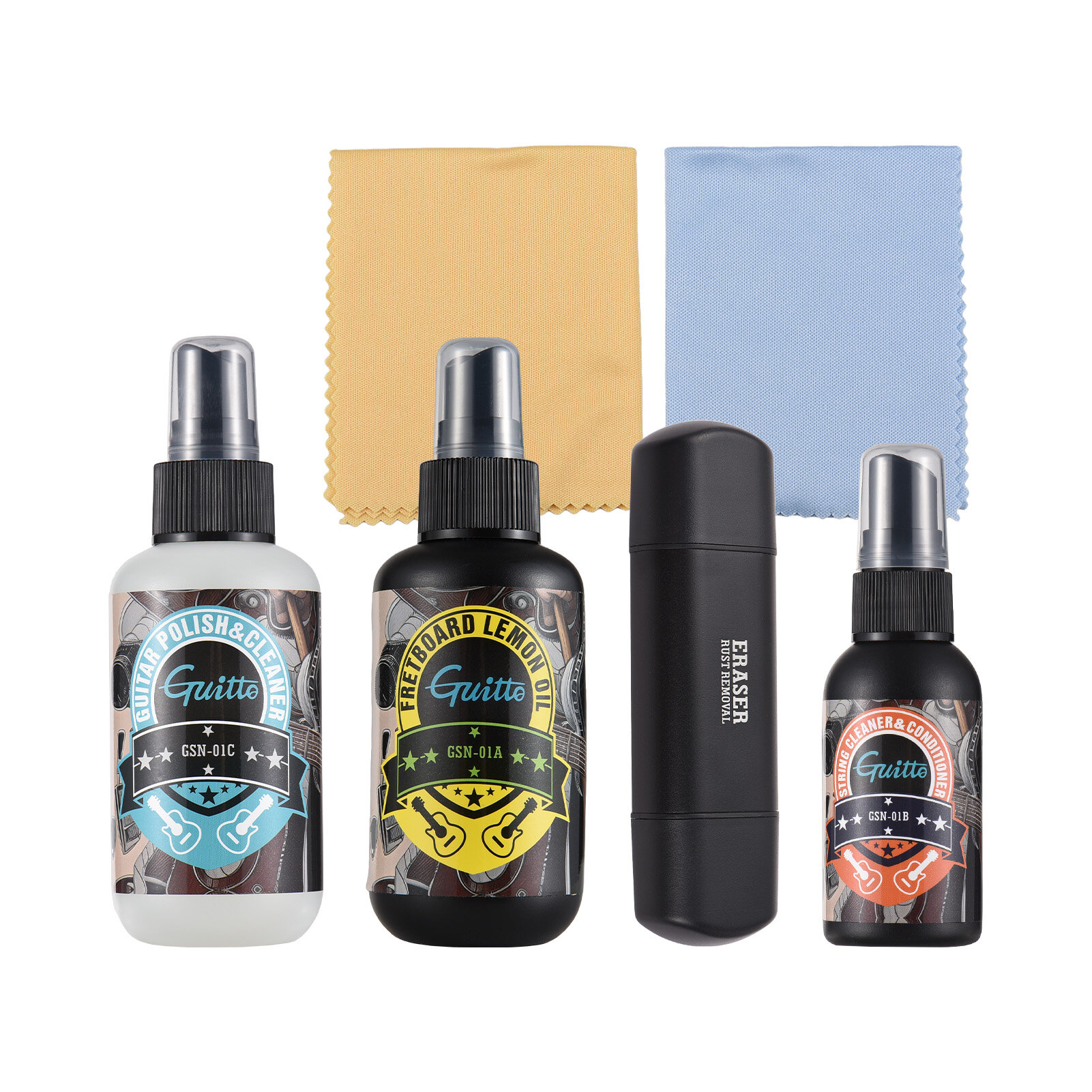 Набор для чистки и ухода за гитарой GUITTO: масло для грифа с лимоном (120 мл), масло для защиты от ржавчины (50 мл), средство для чистки и полировки (120 мл) со щеткой для удаления ржавчины со струн и скребком.