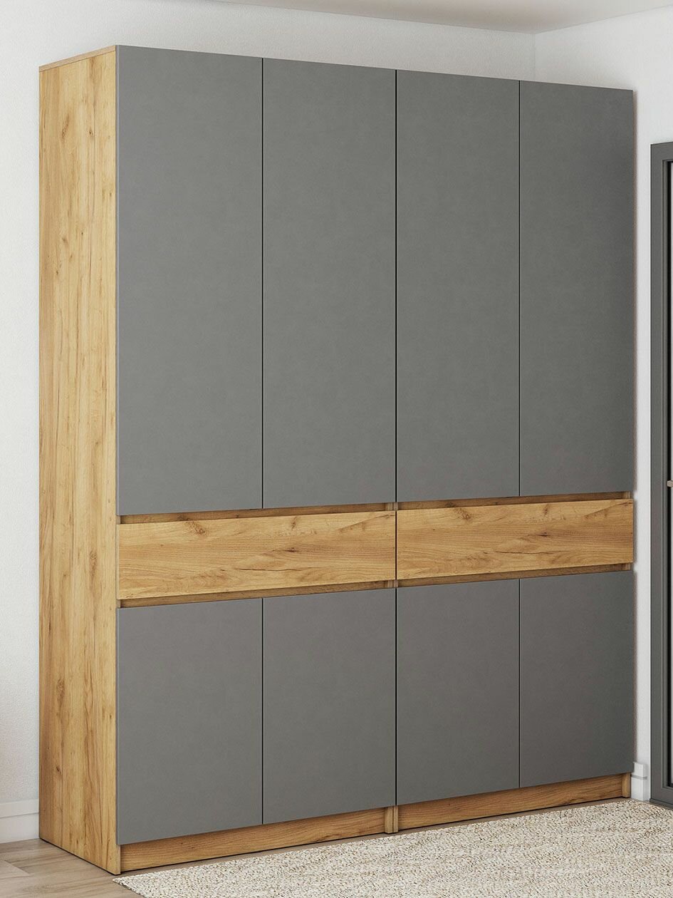 Прихожая комплект Анталья со шкафом, с полками, с ящиками, со штангой, 180х50х221 см, Дуб Крафт золотой / Графит серый