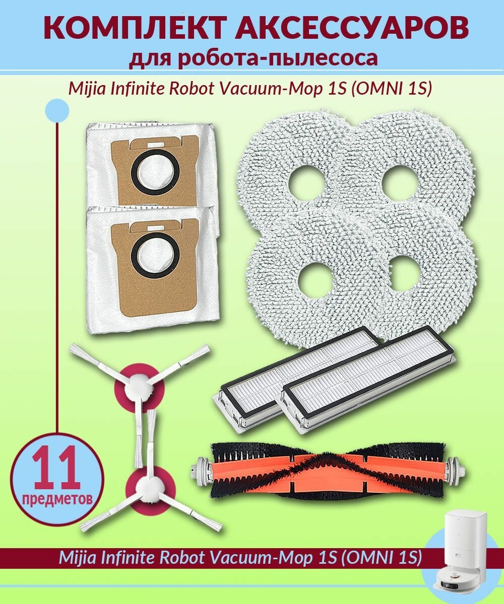 Комплект аксессуары для робота пылесоса Xiaomi , Mijia Infinite Robot Vacuum-Mop 1S (OMNI 1S): 4 сменная тряпка , 2 нера фильтр , 1 основная щетка , 2 боковая щетка , 2 мешки для пылесоса
