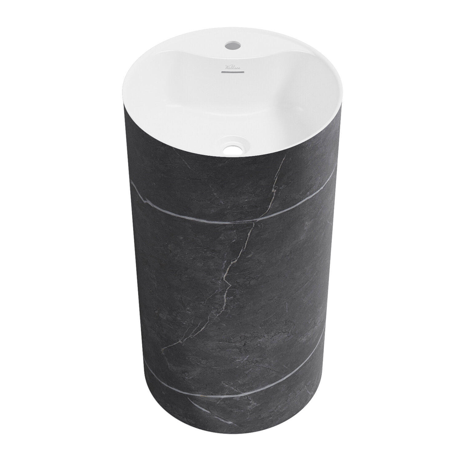 Круглая напольная раковина для ванной Wellsee Chalice Perfection 230624000: напольная отдельностоящая раковина моноблок из акрила, размер 45х45х85 см, чаша в цвете глянцевый белый (стенки матовый черный мрамор)