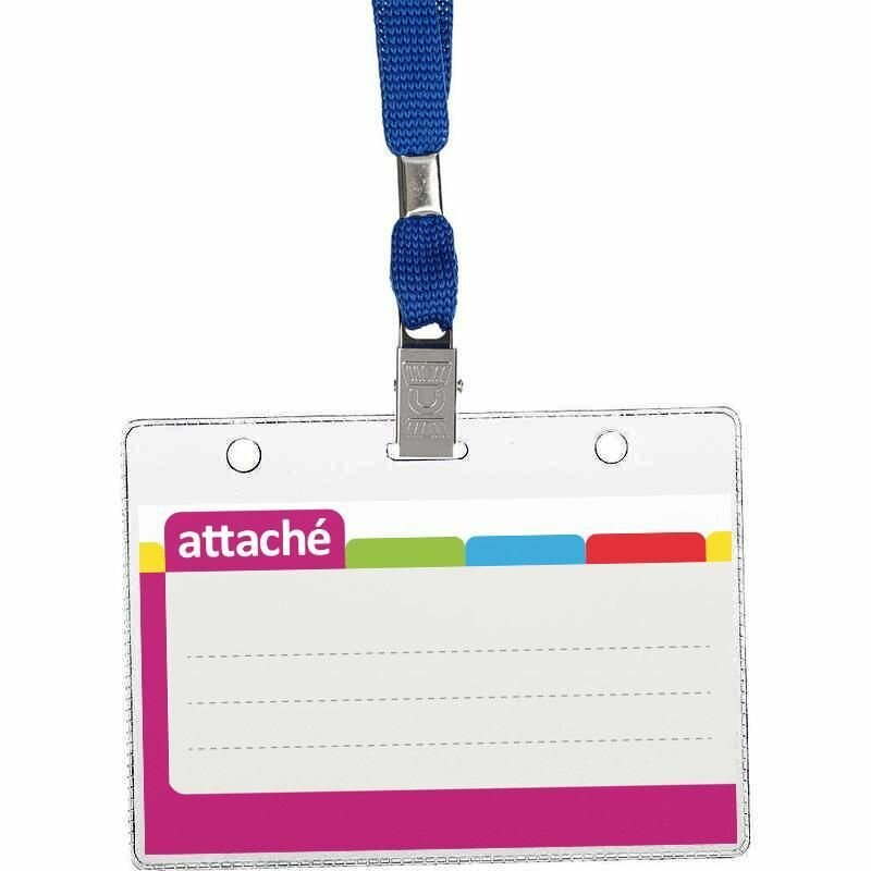 Бейдж Attache горизонтальный 120х87 мм с зажимом и синей тесьмой (10 штук в упаковке, размер вкладыша: 113х70)