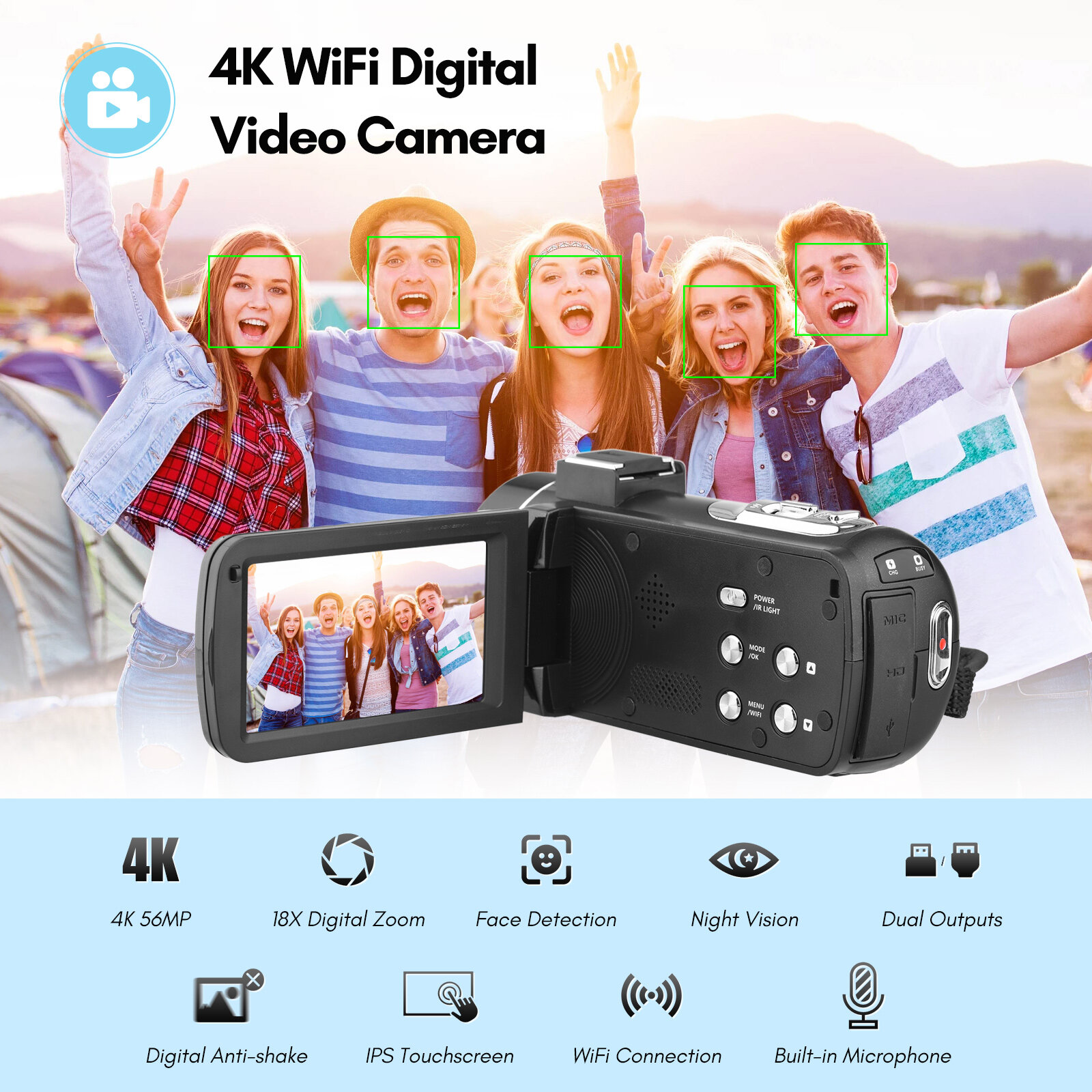 Видеокамера Andoer 4K 56 МП — 18x зум, 3″ IPS-экран, Wi-Fi, ночное видение, внешний микрофон, сумка