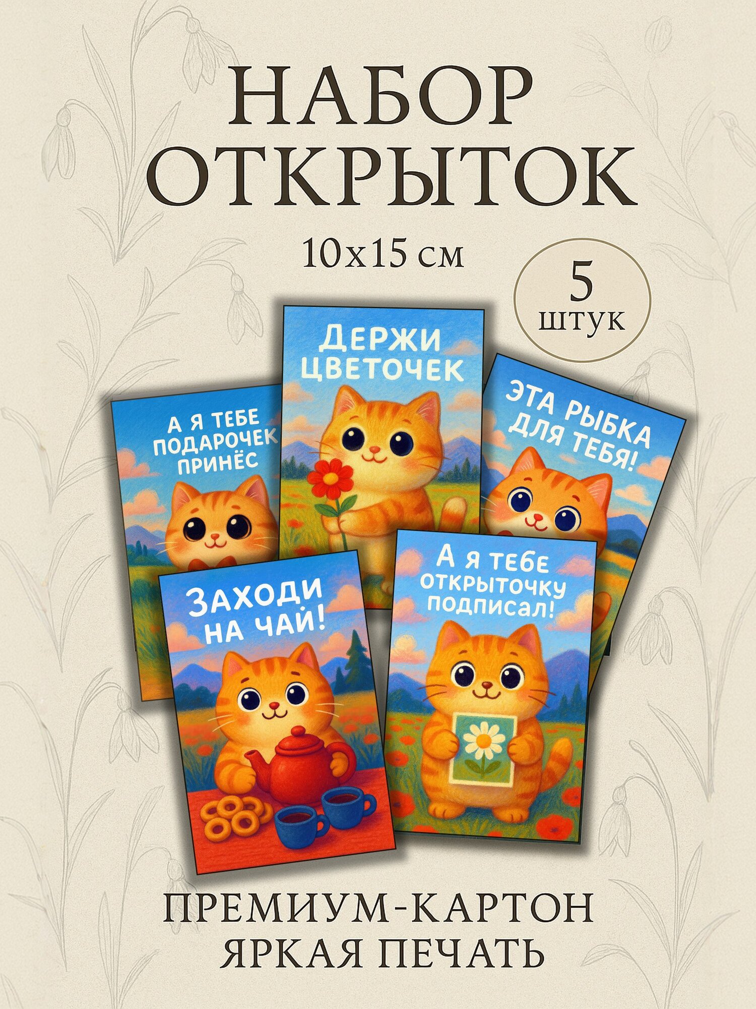 "Милые котики с подарками": набор из 5 авторских милых открыток для оформления подарков и поднятия настроения
