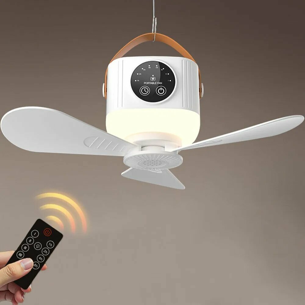 Настенный вентилятор Портативный многофункциональный потолочный вентилятор для кемпинга, 4-ступенчатая регулировка скорости, 3-ступенчатое затемнение, бесшумная работа, долговечность, белый