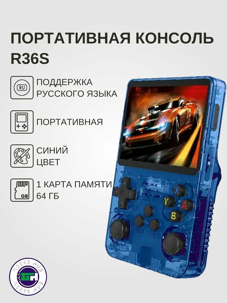 Портативная игровая консоль R36S, синяя, 64 ГБ, 640*480, 3.5" IPS