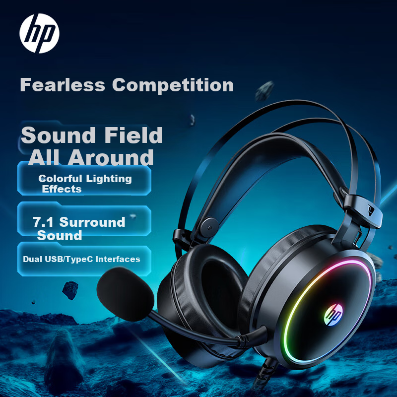 HP GH100 Gaming Headset with Microphone, Over-Ear Headphones for eSports Gaming, Compatible with Black Myth Wukong and PUBG, USB/TypeC Dual Interface