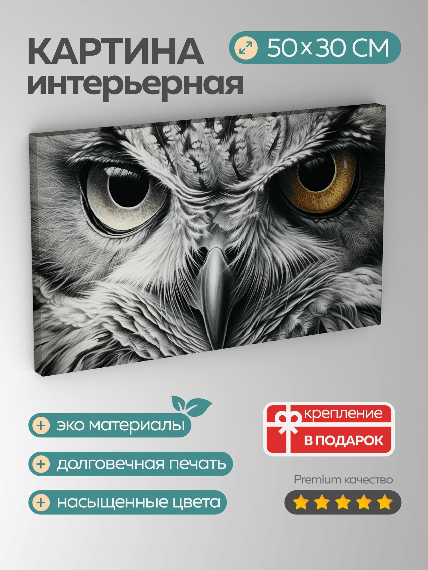 Картина на холсте интерьерная 50х30 см, сова, глаза, мудрость, древность, перья, напряжение, рисунок, детальный