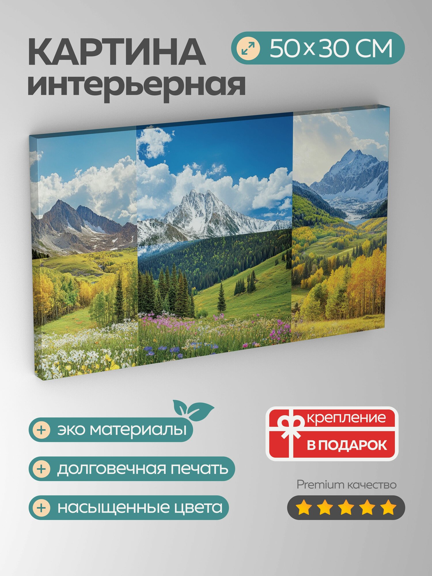 Картина на холсте интерьерная 50х30 см, пейзаж, горы, времена года, весна, лето, осень, зима, природа, цветы, листва