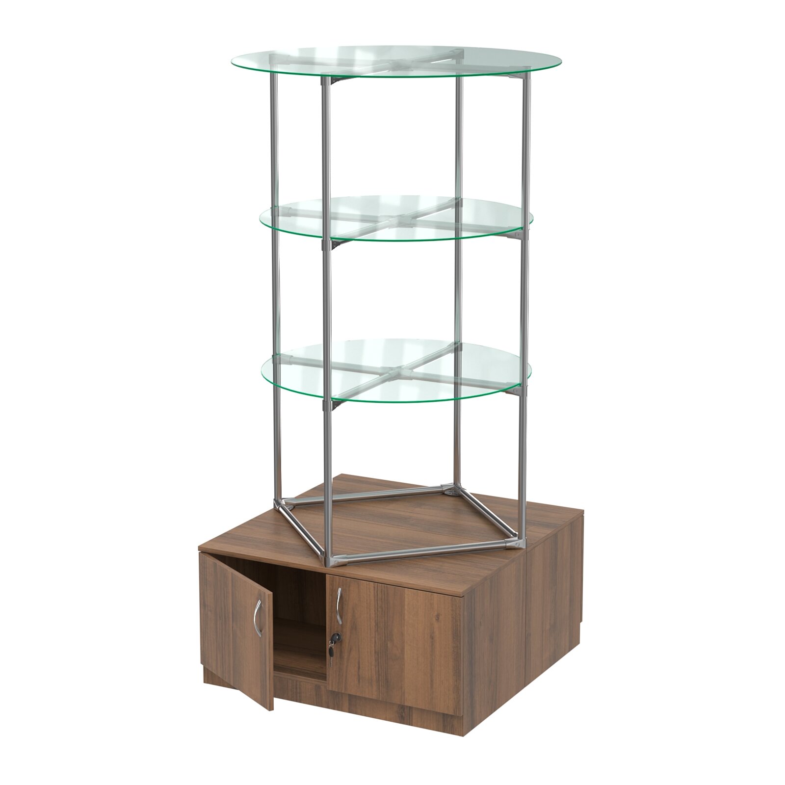 Торговые стенды сфера с полками и тумбами №1 (с двумя стеклянными полками 6мм), Орех