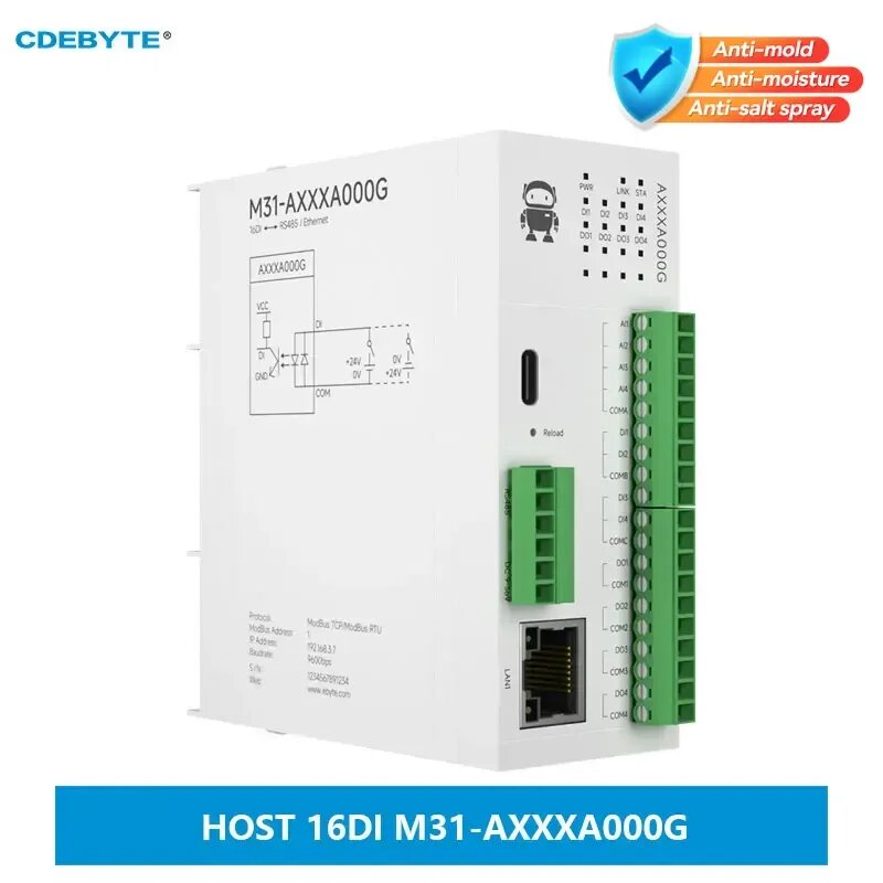 16DI RS485 RJ45 Аналоговый переключатель Сбор данных Распределенный модуль удаленного ввода-вывода Хост-модуль CDEBYTE M31-AXXXA000G Modbus TCP/RTU PNP NPN