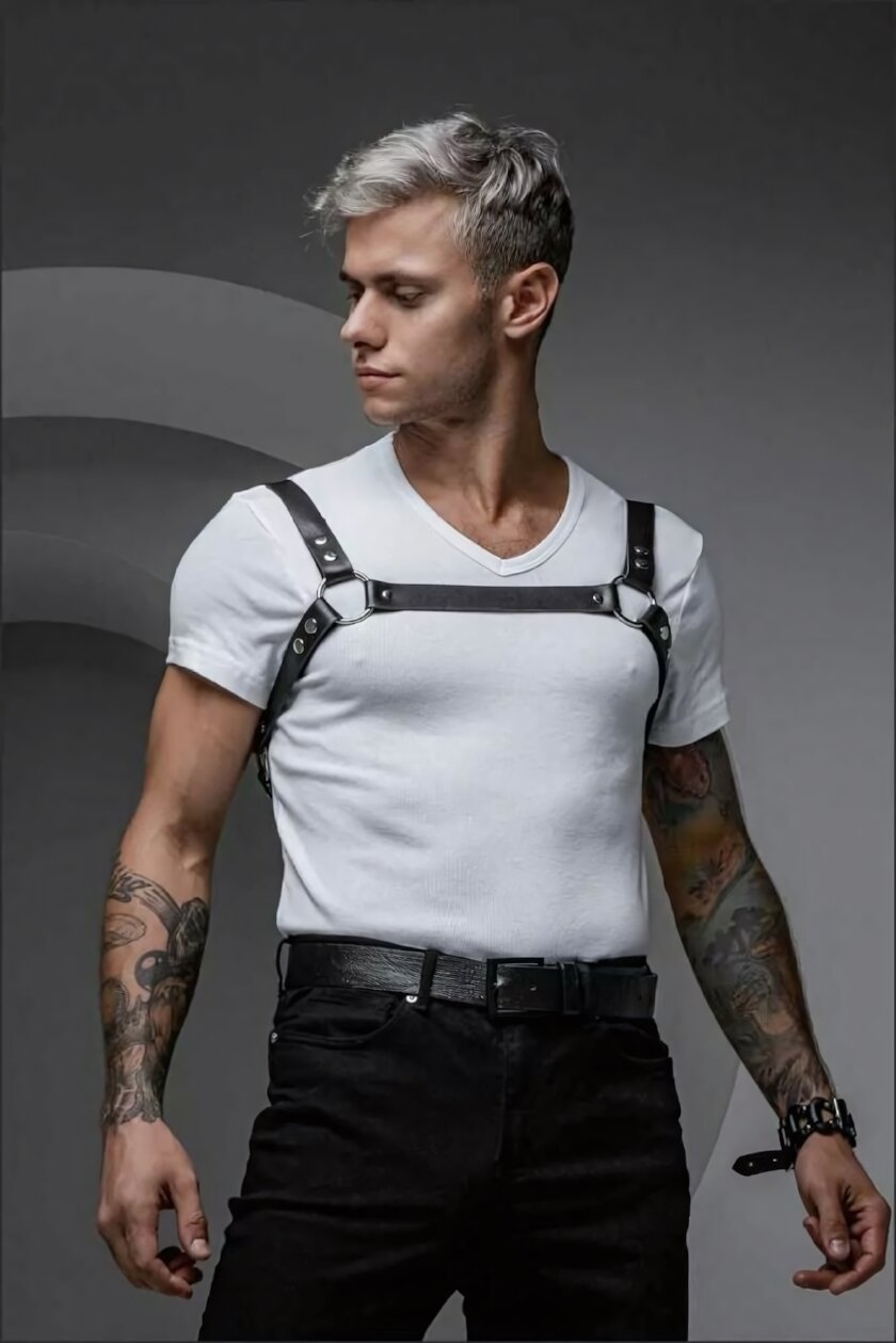 Портупея мужская 'Ra Style', натуральная кожа, черная, размер L/XL, ширина ремешков 2.5см