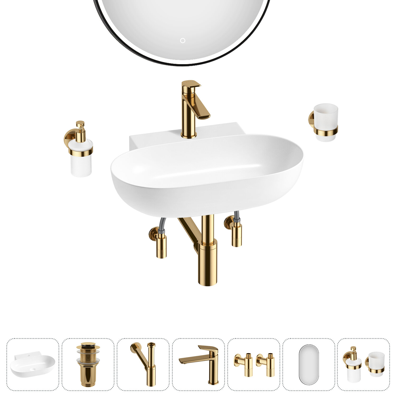Подвесная или накладная раковина в ванную комнату Lavinia Boho Bathroom Sink 20219287R в наборе 7 в 1: раковина 58 см в цвете белый глянец, донный клапан, сифон, смеситель, вентили, зеркало, аксессуары