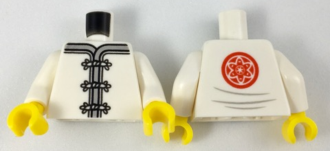 Torso Ninjago Robe with Gray Trim, White Frog Clasps and Red Flower Medallion and Light Bluish Gray Lines on Back Pattern / White Arms / Yellow Hands, 973pb2803c01 White U