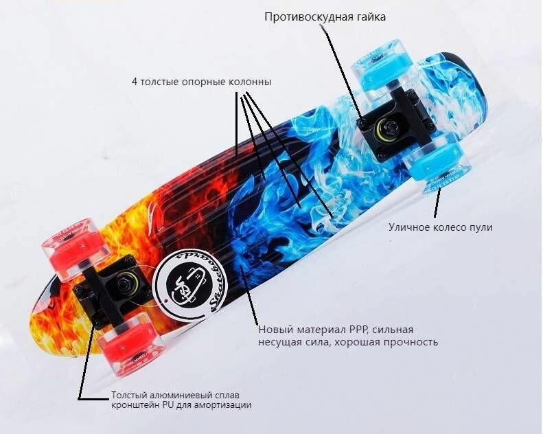 Скейтборд пластиковый (пенни борд) с принтом и светящимися колесами Triumf Active Flames (языки пламени) 22 дюйма