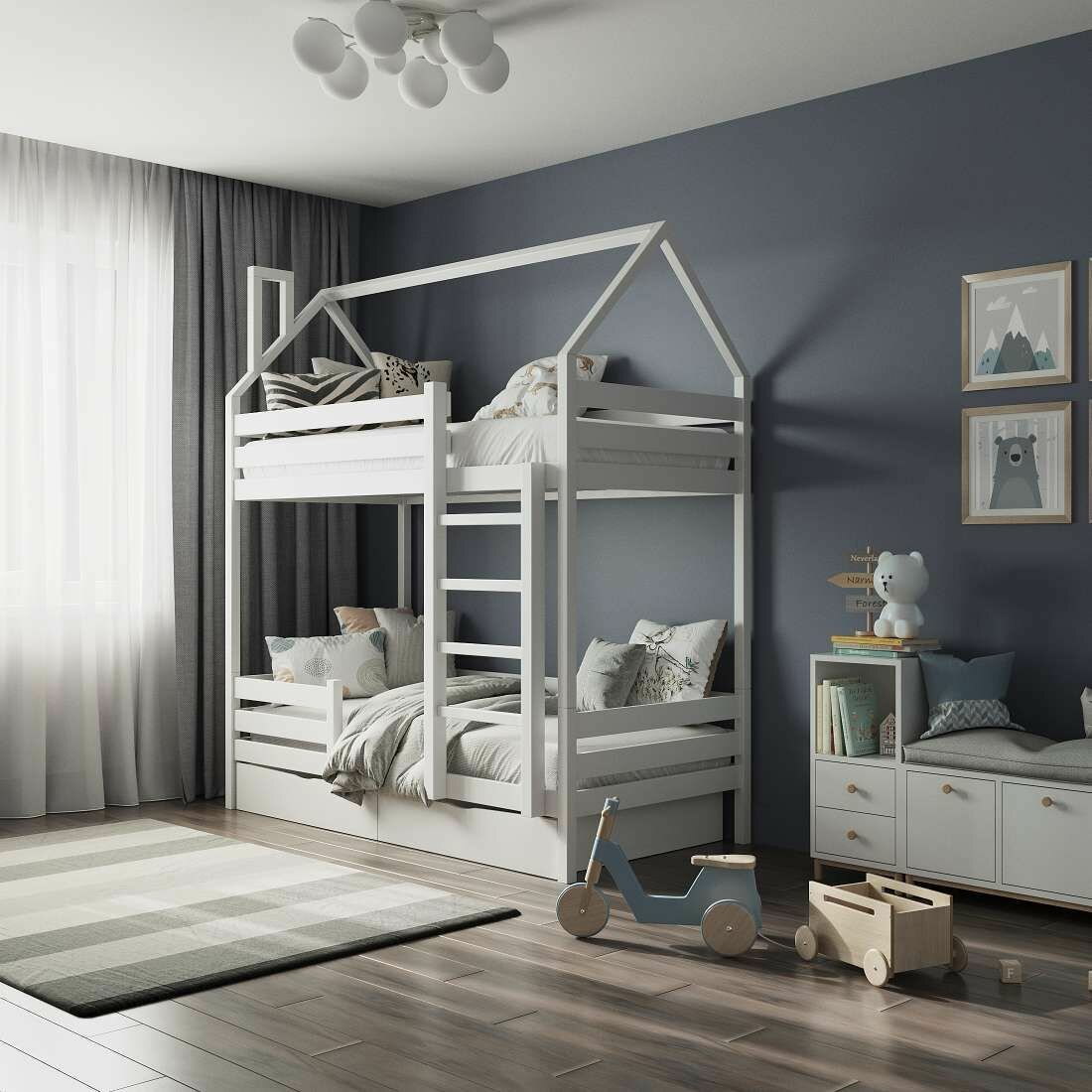 Двухъярусная Кровать домик 200*90 с ящиками, прямая лестница