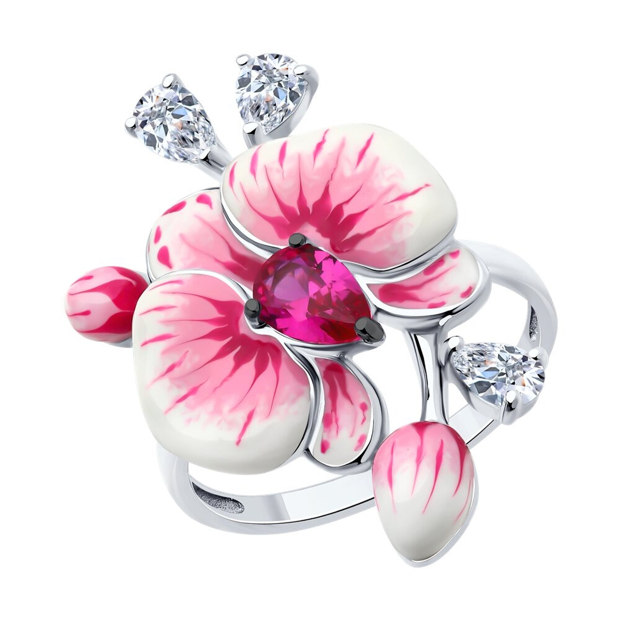 Кольцо, серебро, 925 проба, родирование, эмаль, рубин, фианит