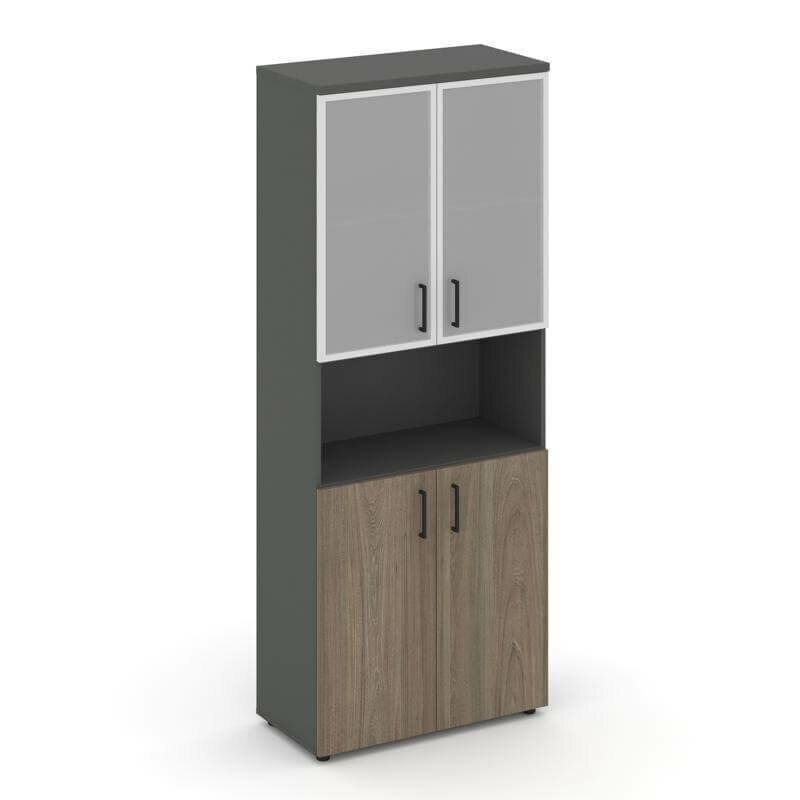 Шкаф высокий (двери ЛДСП, Стекло ал. рама) Стайл Проджект/Style Project Riva SN. STS. E-106 Антрацит /Вяз Благородный з. ст лхдф 796*400*1982