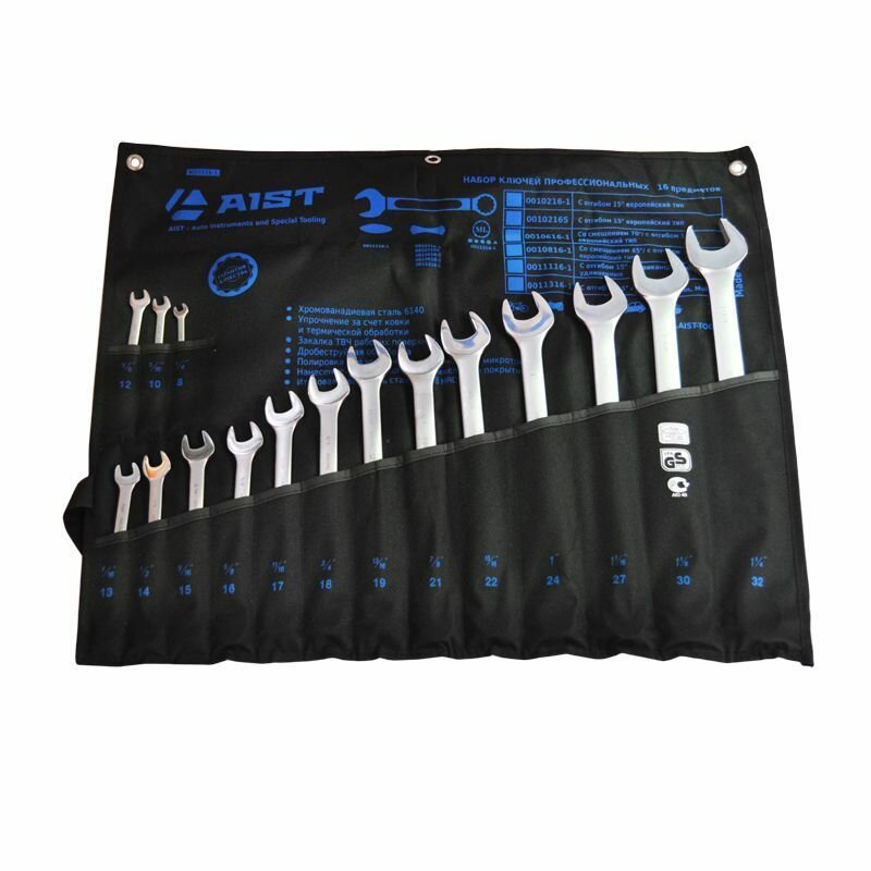 Набор гаечных ключей комбинированных дюймовых (1/4" - 1".1/4") 16 предметов в чехле скрутке AIST 0010116AS-X рожково-накидных американских ключей