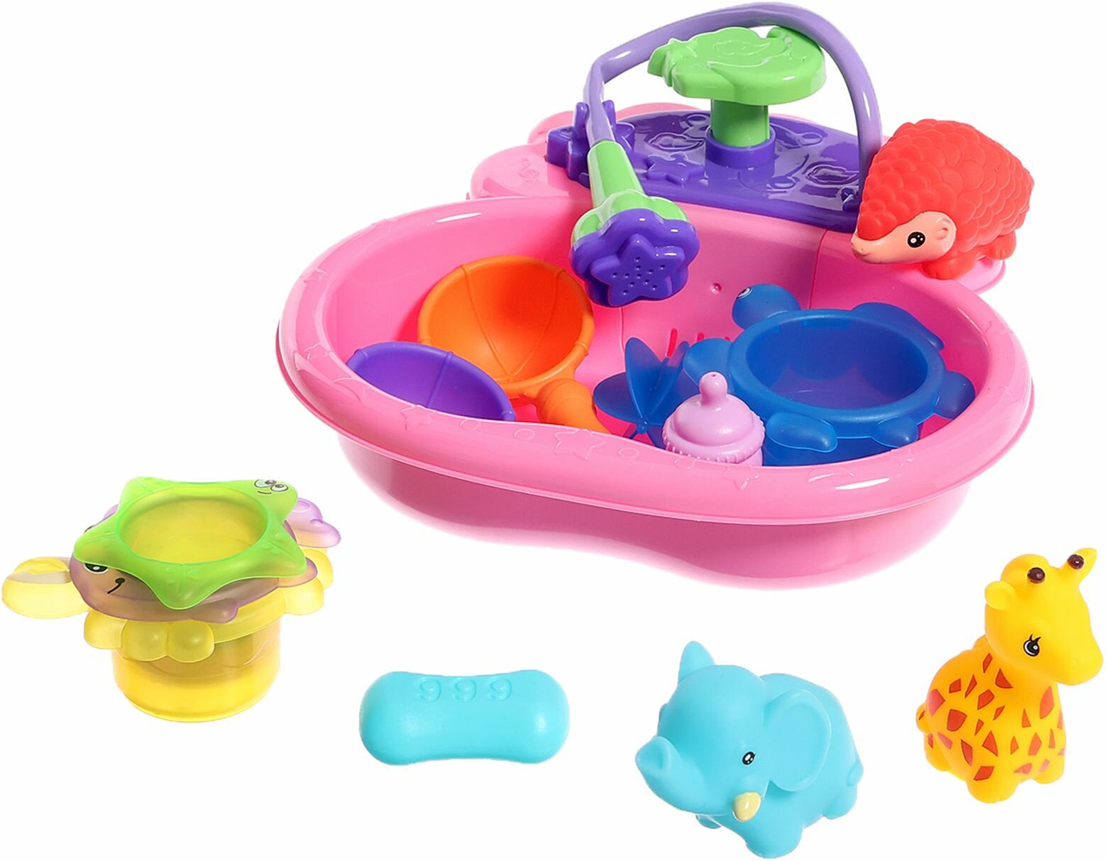 Игрушки для купания с ванночкой "Купание зверят", 12 предметов, детский игровой набор для ванной, пластиковые фигурки для игр с водой, для малышей, микс