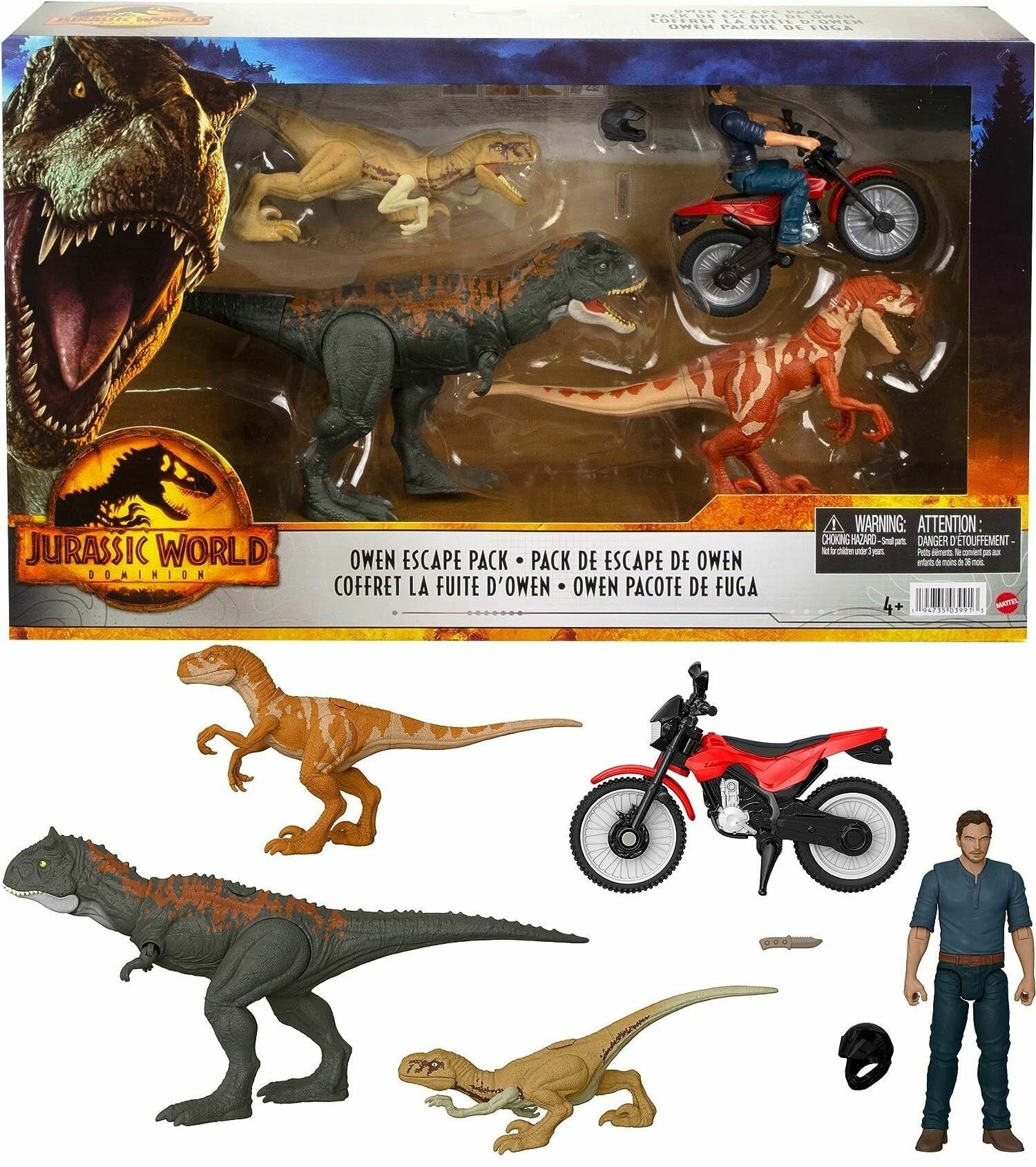 Фигурка Динозавра Jurassic World - Мир Юрского периода - Фигурка Оуэна с 3 динозаврами HFG64