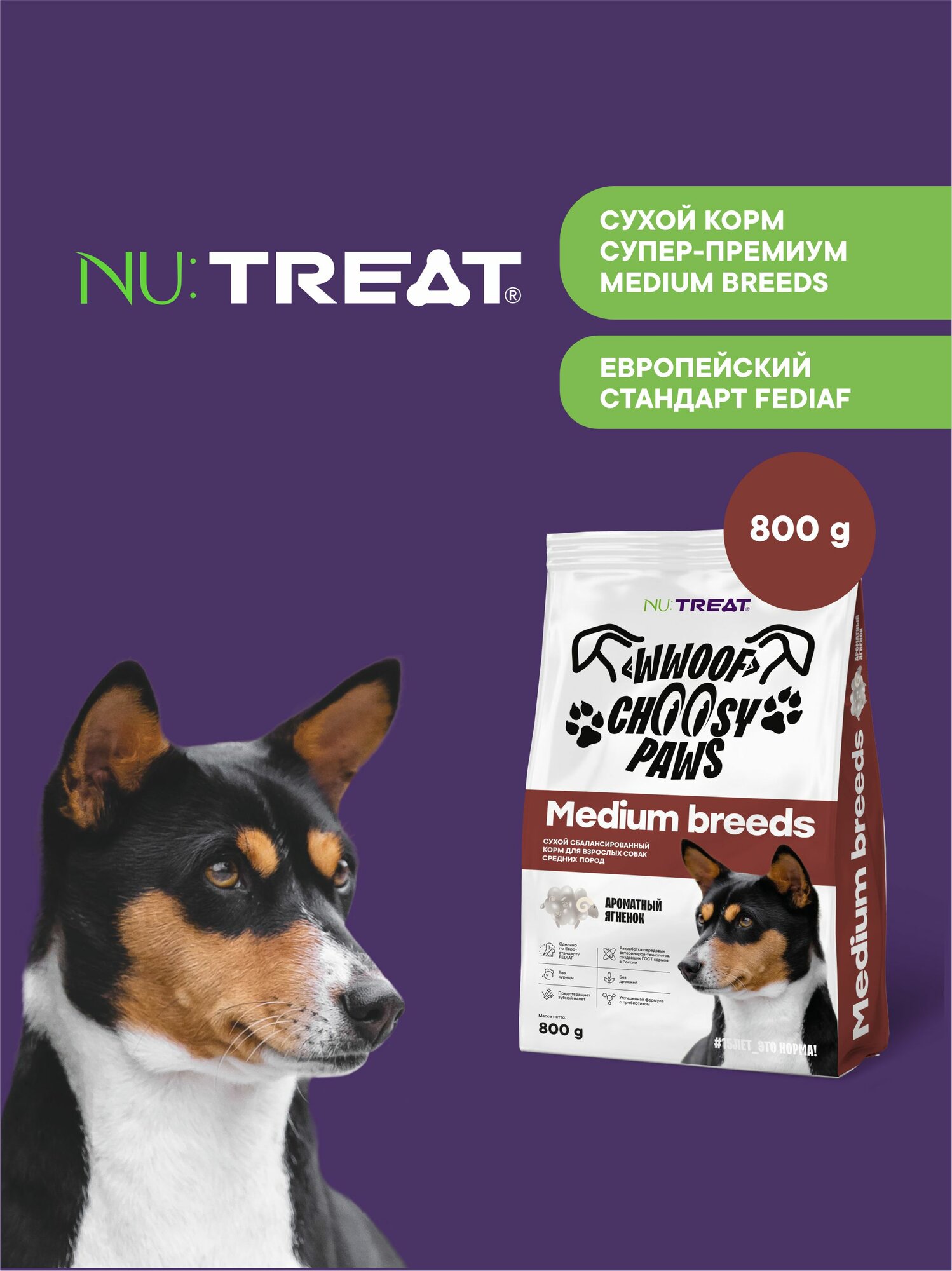 Сухой корм для собак средних пород Nu: Treat Medium breeds, Ароматный ягненок 800 г Нутрит Nutreat
