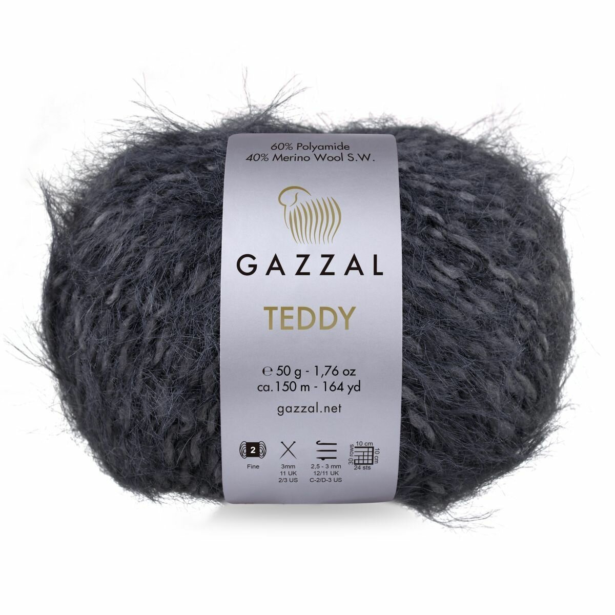 Пряжа Teddy Gazzal, темно-серый - 6537, 40% мериносовая шерсть SW, 60% полиамид, 5 мотков, 50 г, 150 м.