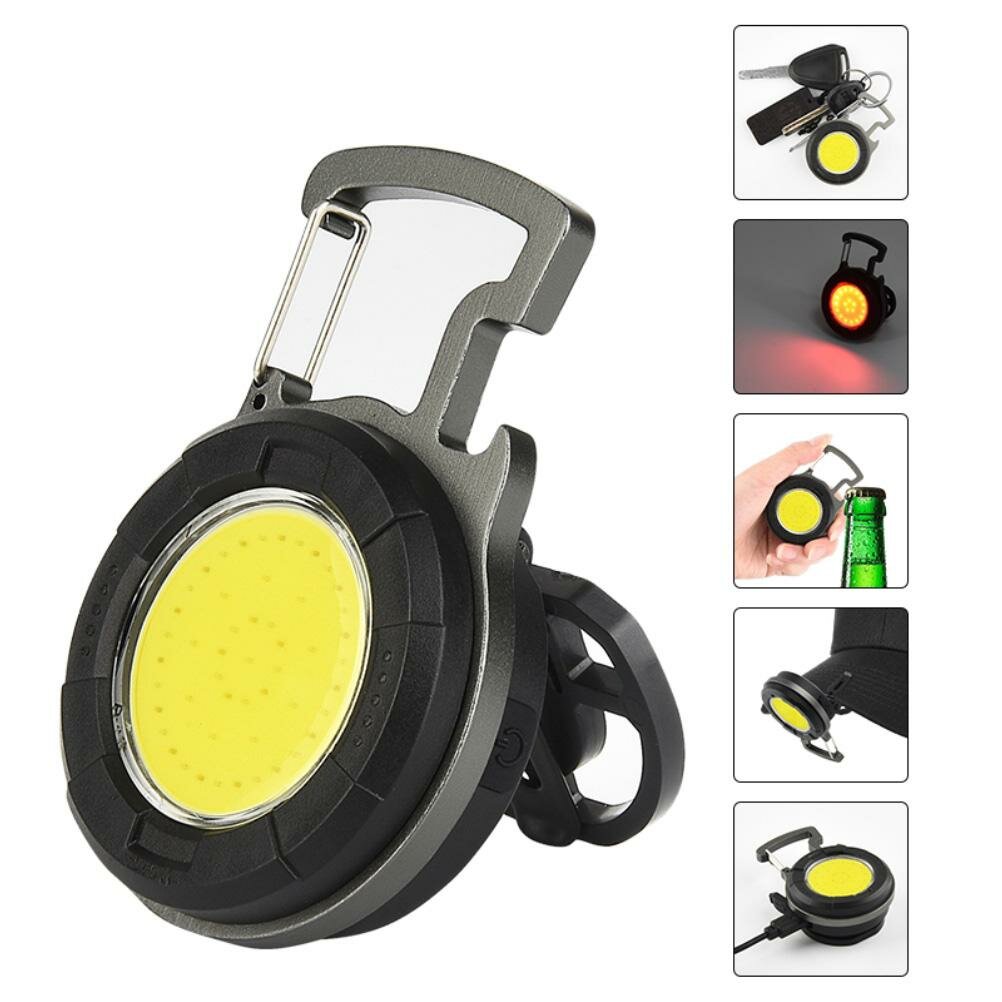 Портативный светодиодный мини-фонарик-брелок, перезаряжаемый, COB-светильник 800 лм, 4 режима работы, карманный, со складным кронштейном и открывалкой для бутылок.