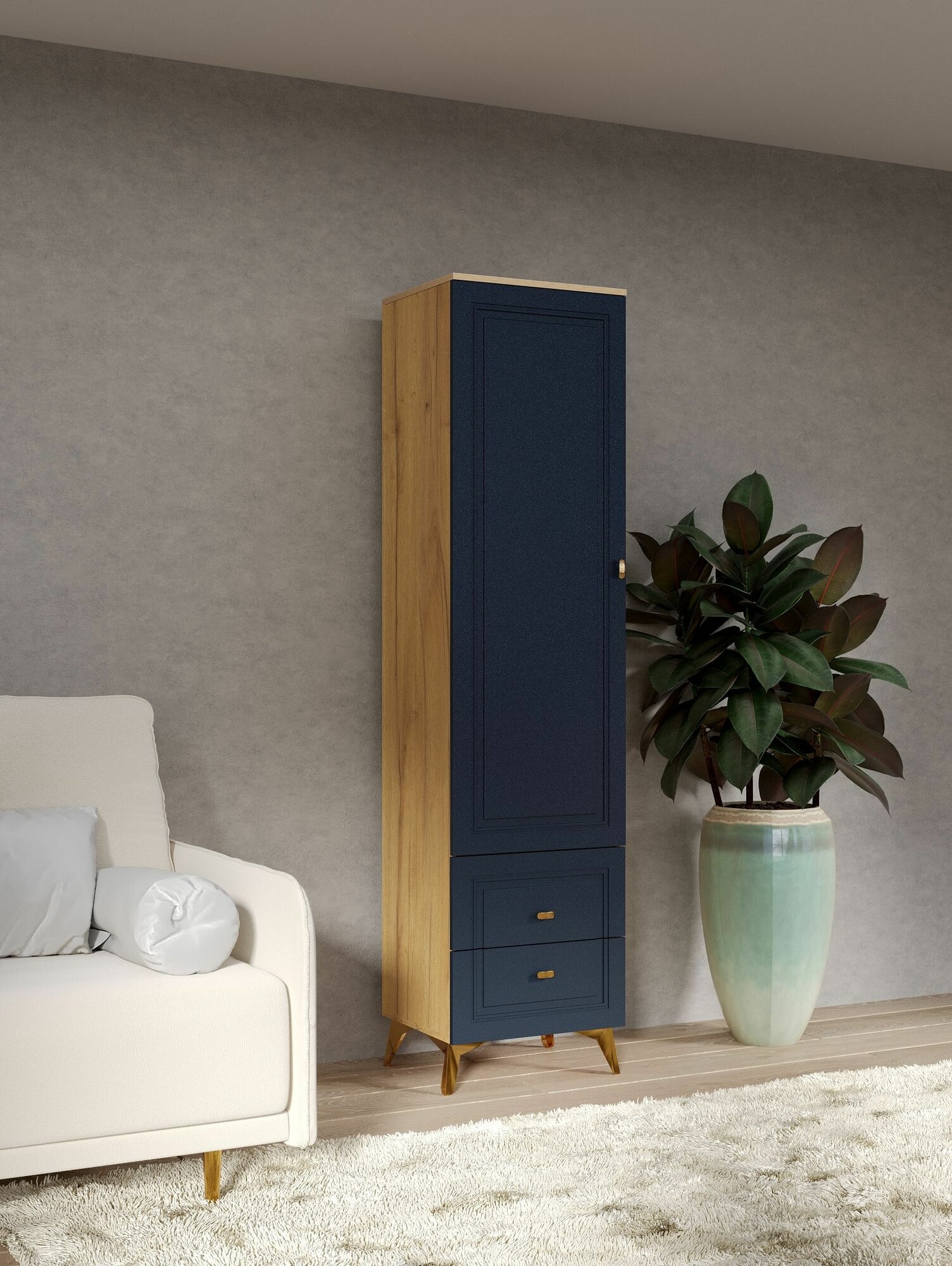 Шкаф-пенал "Вега Сапфир", ЛДСП, МДФ, золотистый дуб/темно-синий, 55x42x205см