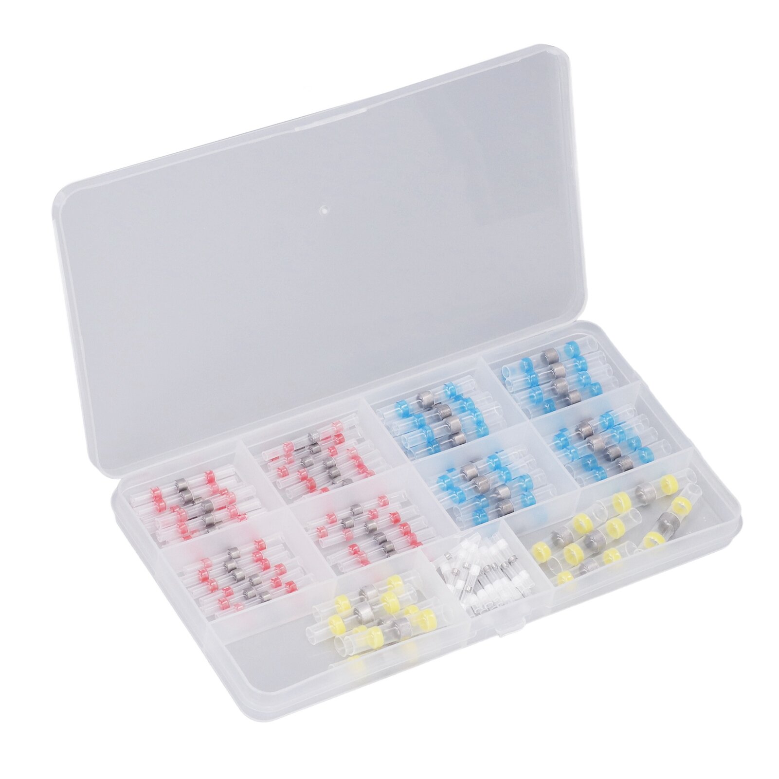 100шт Набор термоусадочных соединителей с паяльным кольцом, герметичные изоляционные клеммы для жгутов проволок, 25 белых AMG26-24, 35 красных AMG22-18, 30 синих AMG16-24, 10 желтых AMG12-20, с хранения