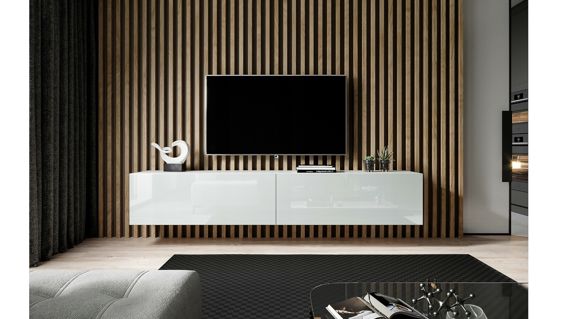 ТВ-тумба Виго большая Серый камень 0112 / Белый Фасадный 0101 NOW 180x42x30 см, Дом мебели для вас