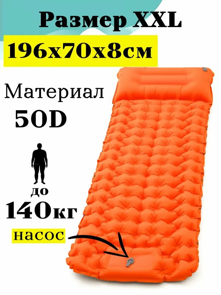 Матрас надувной туристический со встроенным насосом. Коврик для сна с подушкой из нейлоновой ткани. Каремат для спального мешкаx
