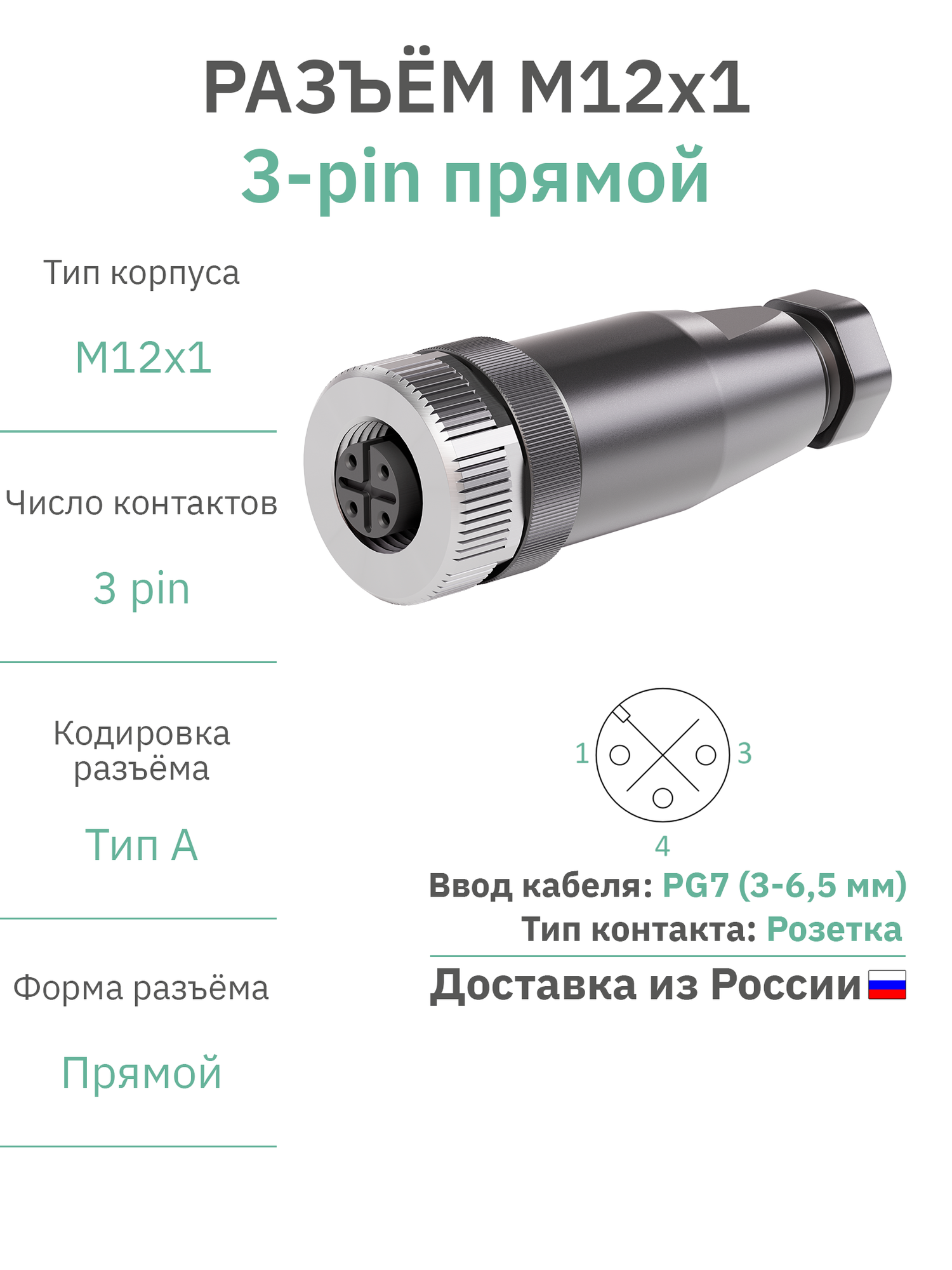 Разъём М12 3 pin прямой / розетка (мама) / PG7 (3-6,5 мм диаметр под кабель) / модель RAZM-F12-C3