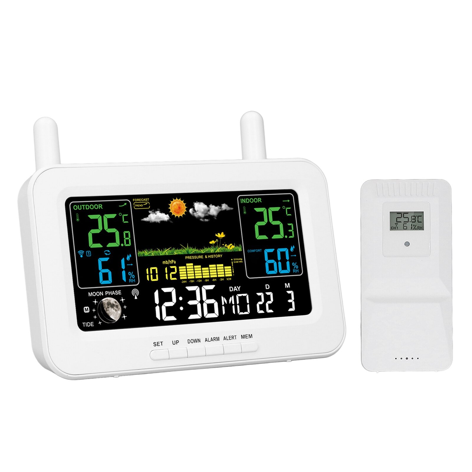 Беспроводная погодная станция для помещений и улицы, термометр с цветным дисплеем, цифровой датчик температуры и влажности, станция прогноза погоды, вилка стандарта США, белый цвет