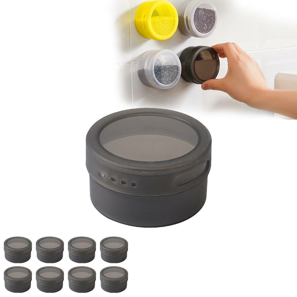 Набор магнитных банок для специй, 4/8 шт, железо и ПЭТ, черный/белый/желтый 6.5х6.5х3.7 см, легкая установка