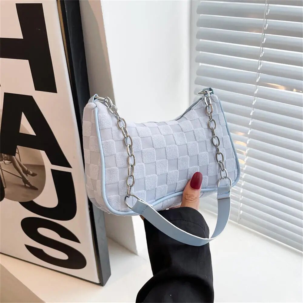 2025 Новая модная женская сумочка Canvas Underarm Chain Bag Случайная маленькая квадратная сумка простая сетка женщины для плеча женская муфта5, blue, SKU01196