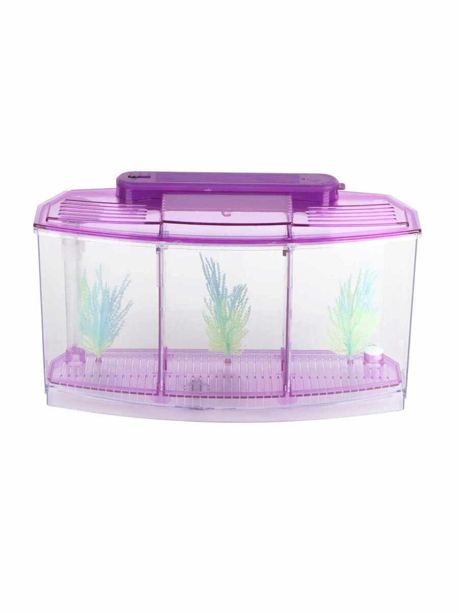 Аквариумный аквариум со светодиодной подсветкой, 3 отдела, изоляционная коробка для разведения мелких рыб, фиолетовый цвет