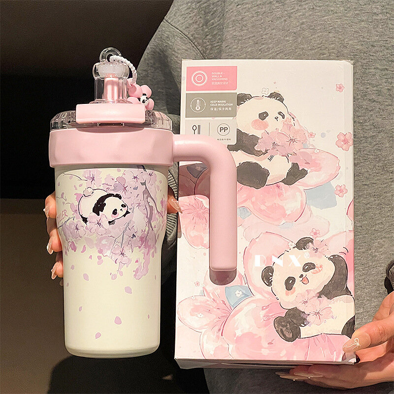 Термос-чашка Sakura Panda Double Drink для девочек, чашка для разделения чая и воды, чашка для льда, большая емкость, соломенная чашка, высокая ценность