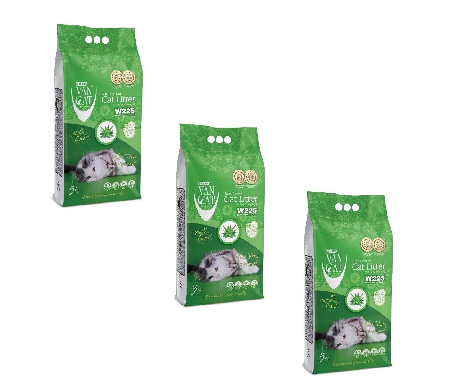 Комкующийся наполнитель Van Cat Aloe Vera для кошачьих туалетов без пыли с ароматом алоэ, 5 кг 3шт